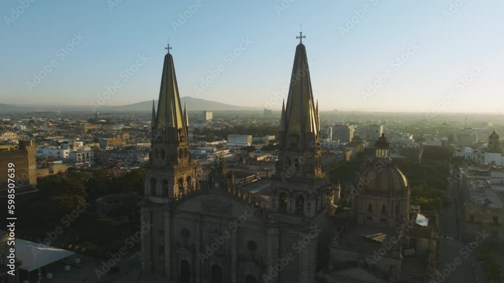 Aerial of historical building main landmark in Guadalajara in golden ...