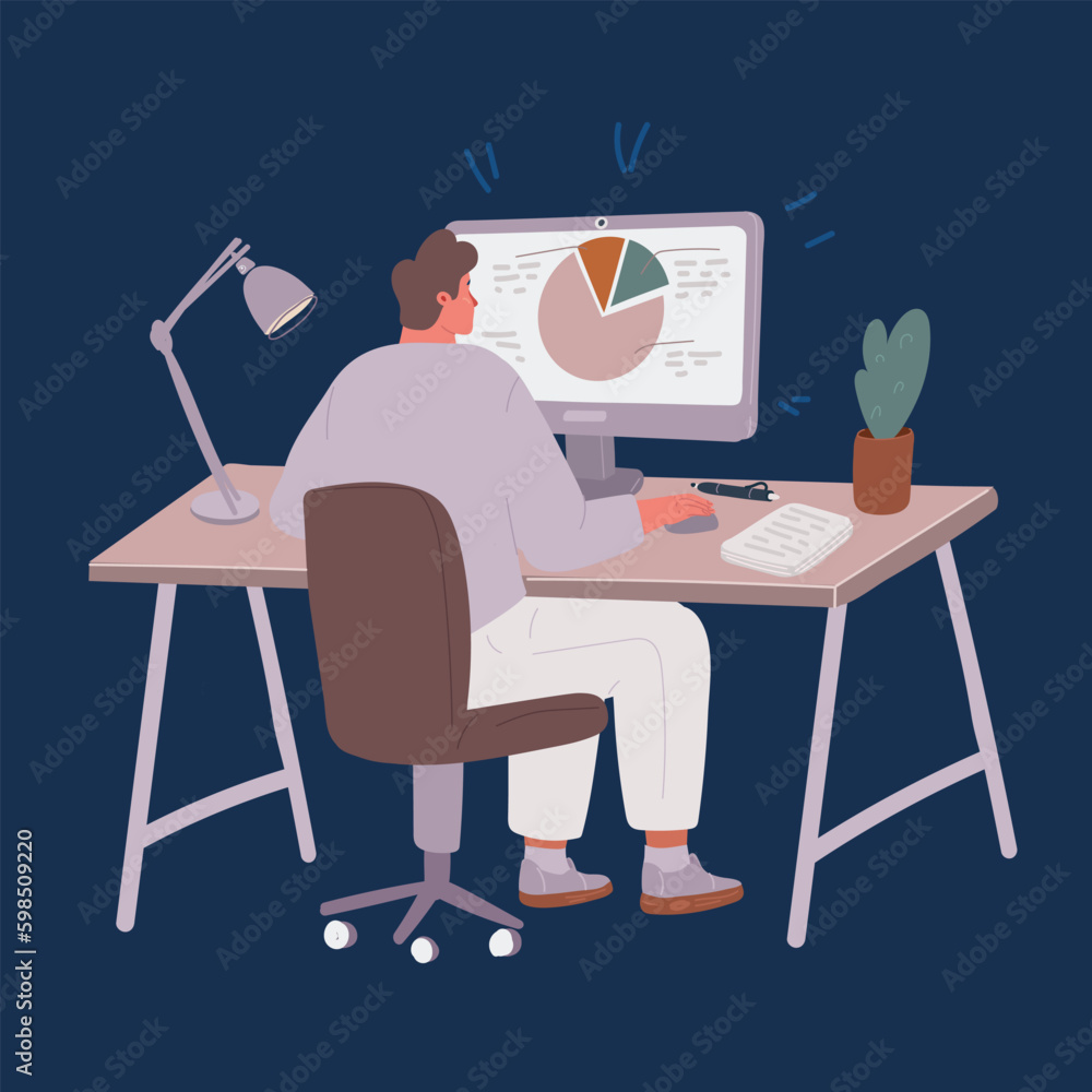 Cartoon vector illustration of man at the desk working from home rear ...
