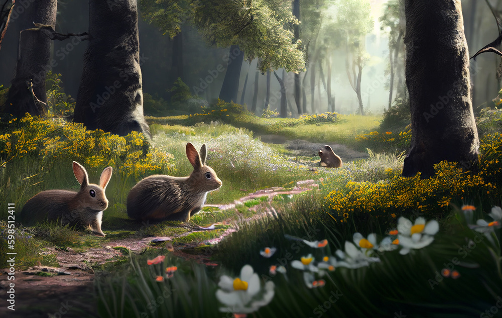 Scene of Bunnies and Rabbits Cavorting in the Beautiful Nature ...