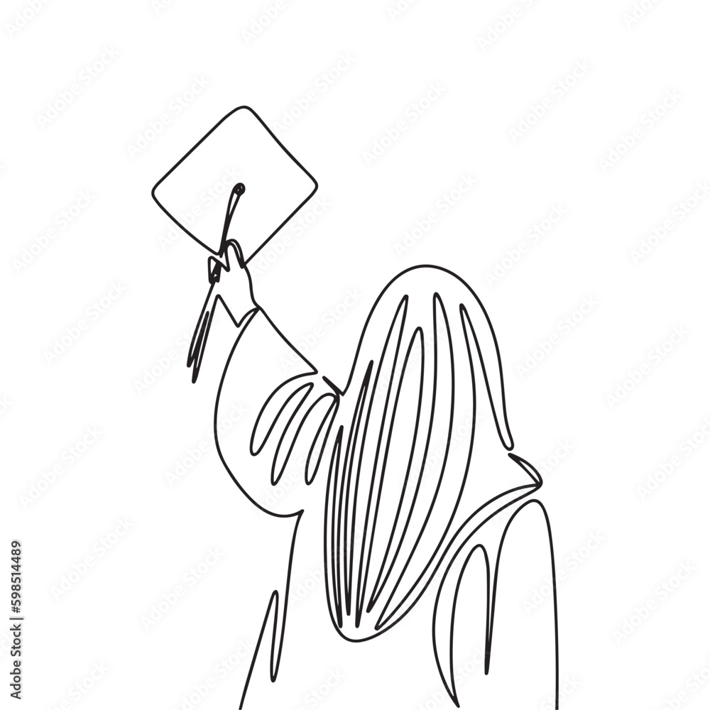 Student with graduation cap back view one line continuous illustration ...