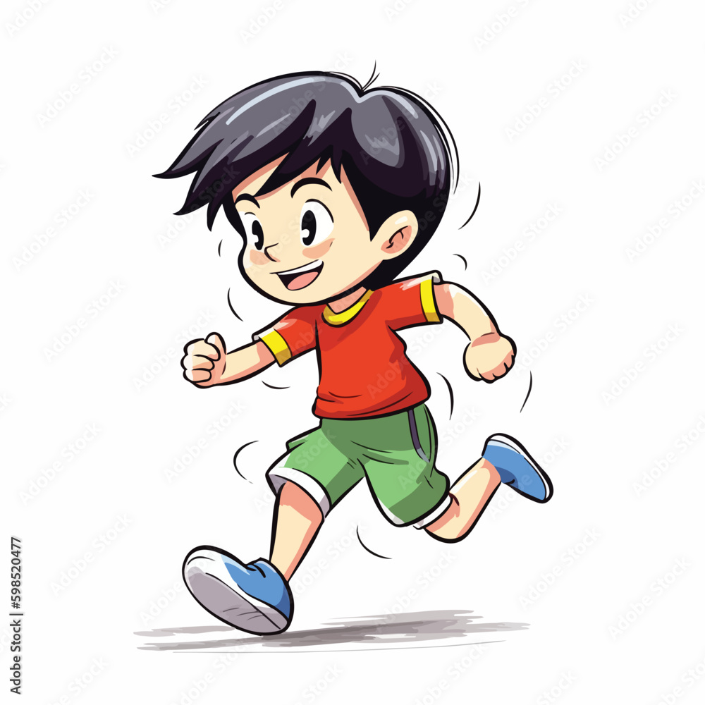 Cute little boy run and happy cartoon flat character vector ...