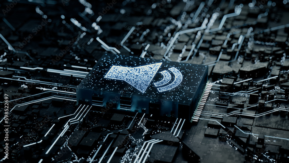 Sound Technology Concept with audio symbol on a Microchip. Data flows ...