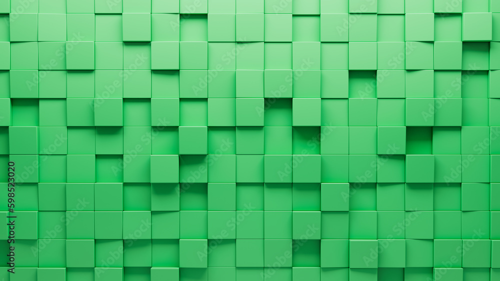 3D Tiles arranged to create a Futuristic wall. Green, Square Background ...
