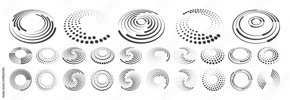 Rotating radial lines collection. Abstract Geometric circular shapes ...