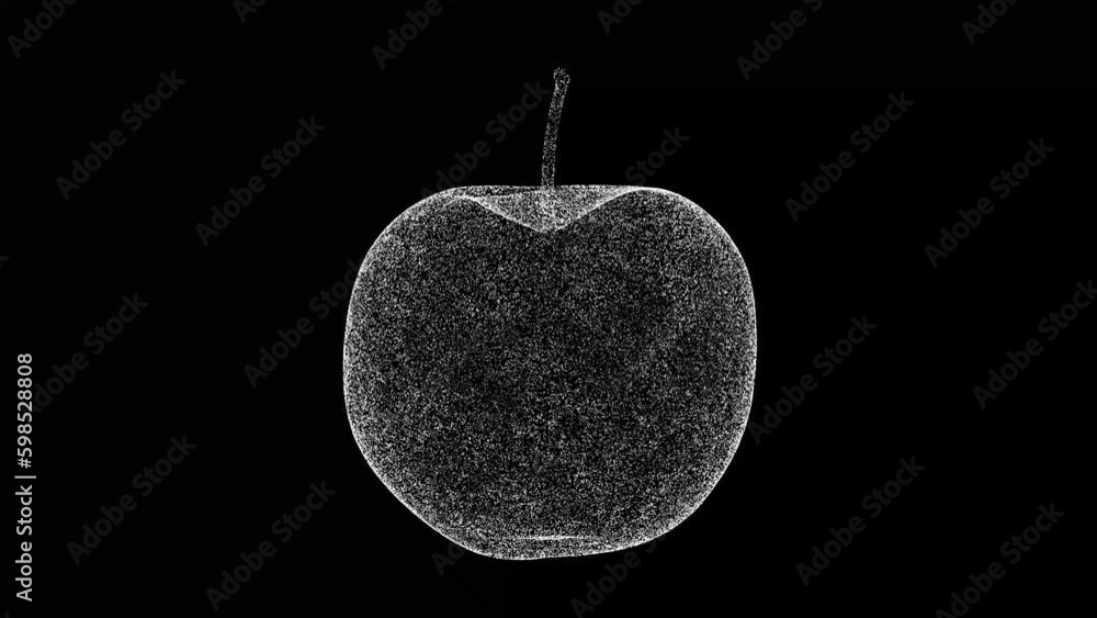 3D apple rotates on black bg. Object dissolved white flickering ...