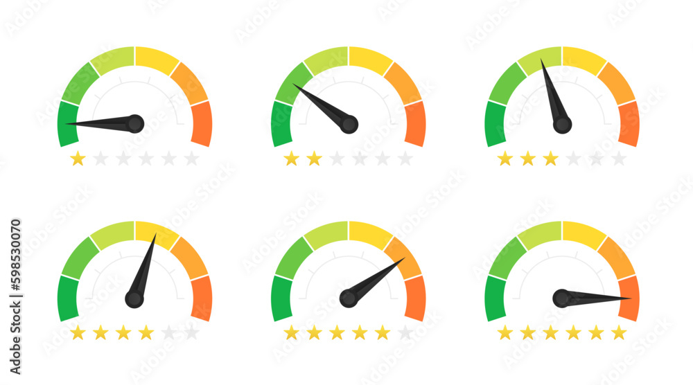 Speedometer, gauge meter icons with stars. Scales, level of performance ...