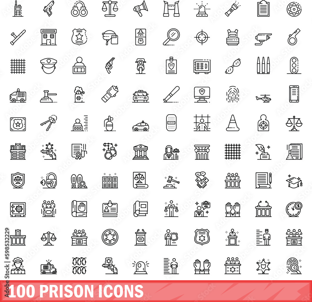 100 prison icons set. Outline illustration of 100 prison icons vector ...