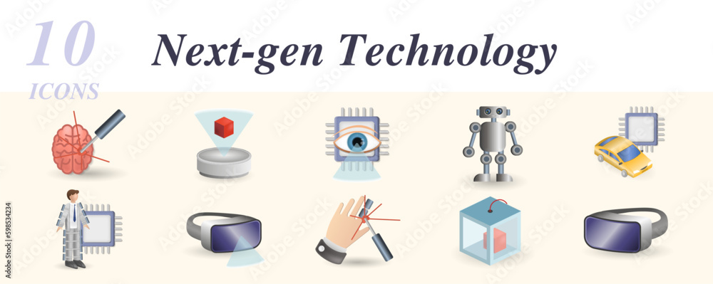 Next-gen technology set. Creative icons: optogenetics, holographic ...