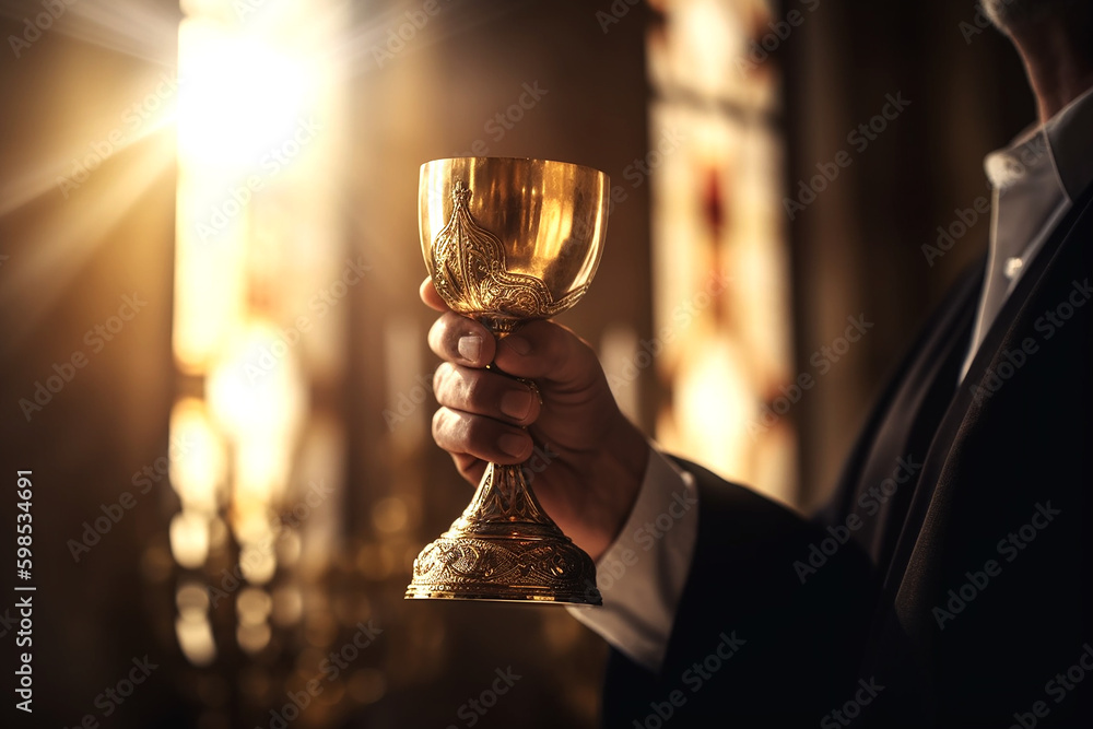 Priest hand holding golden chalice of wine, sun rays throuth curch ...