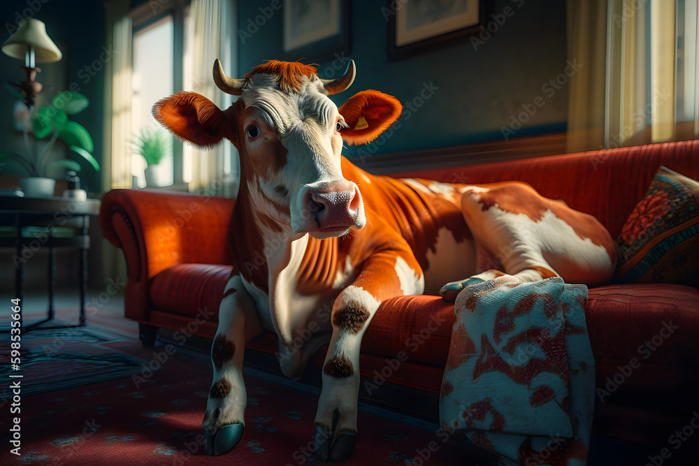 Strange picture of a farm red cow lies on a leather sofa in the house's ...