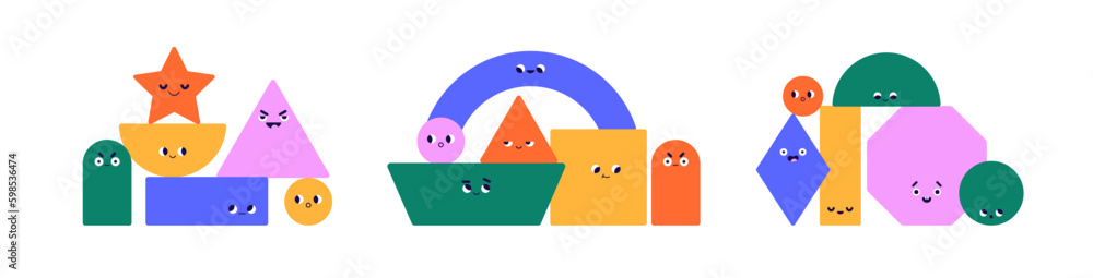 Cute geometry characters. Geometric shapes teams set. Funny figures ...