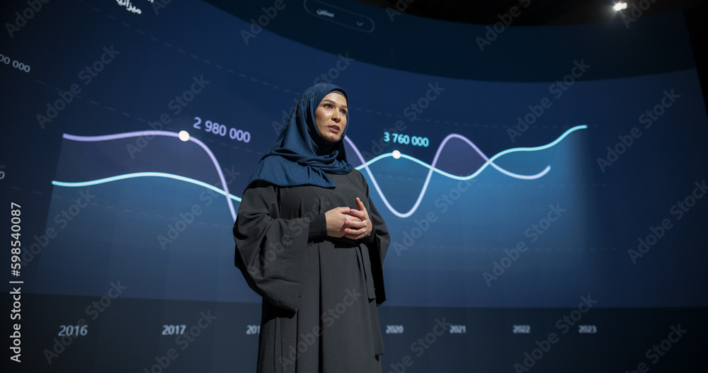 Saudi Businesswoman Making a Presentation on Stage During a Middle ...
