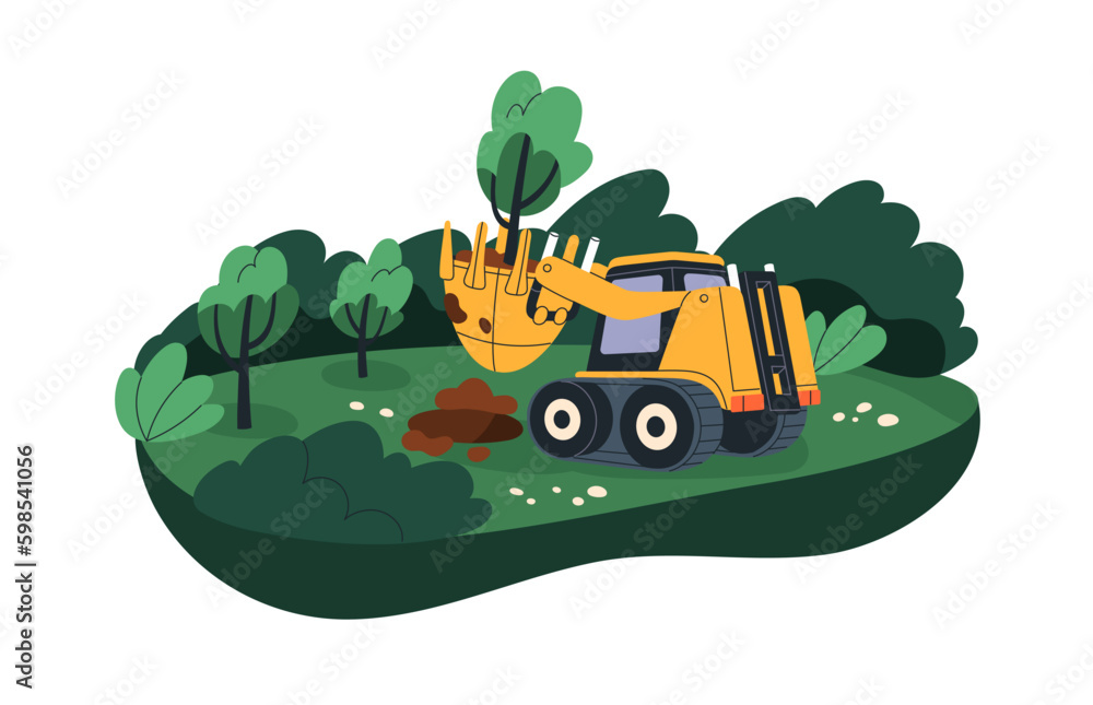 Excavator machine uprooting, removing, digging out and lifting tree ...