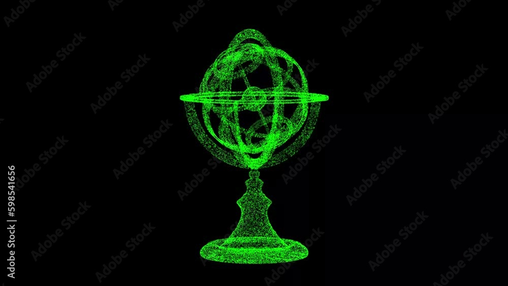 3D armillary sphere rotates on black bg. Object dissolved flickering ...