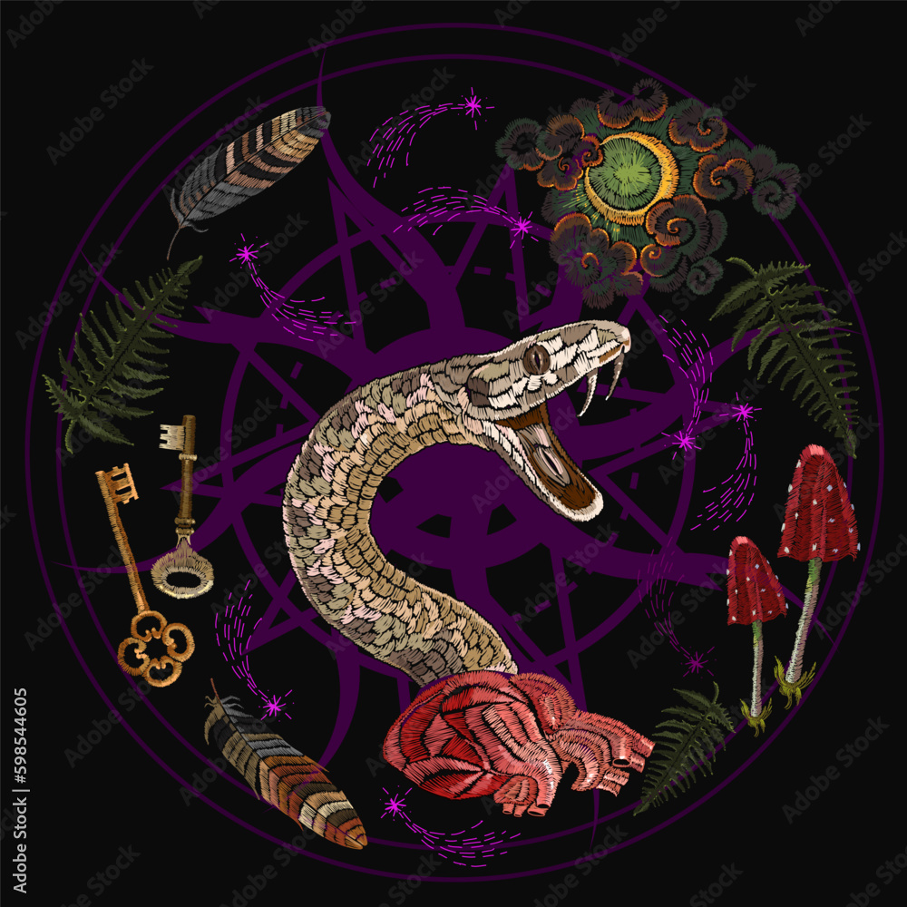 Alchemy art. Snake, moon, fern, keys and anatomical heart. Occult and ...
