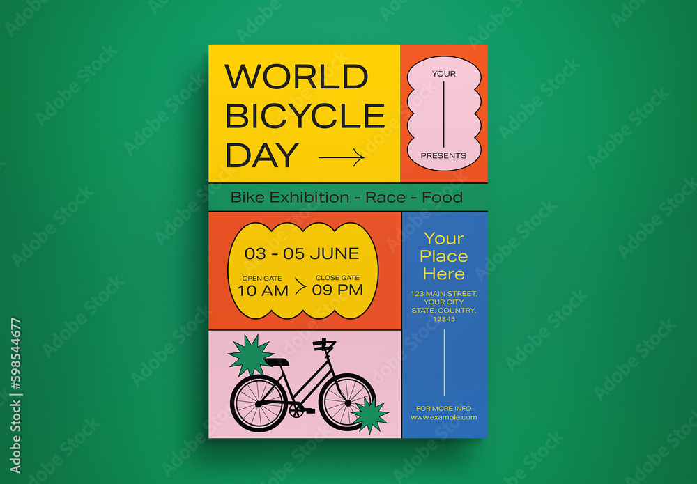 Yellow Geometric World Bicycle Day Flyer Layout Stock Template | Adobe ...
