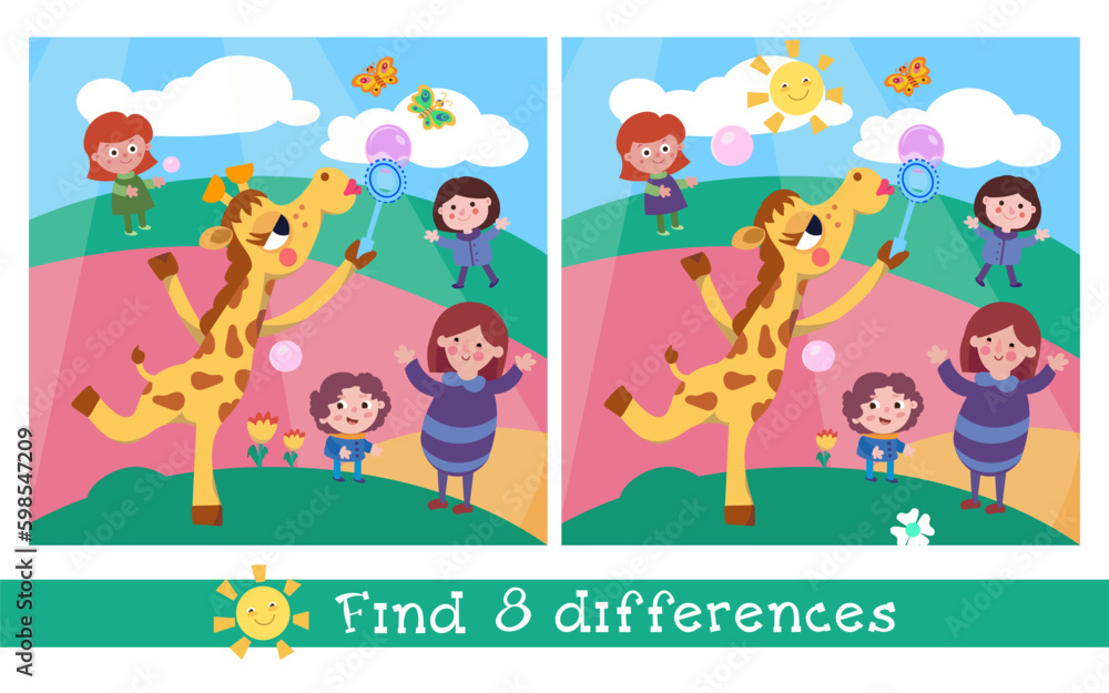 Find 8 hidden differences. Educational puzzle game for children. Cute ...
