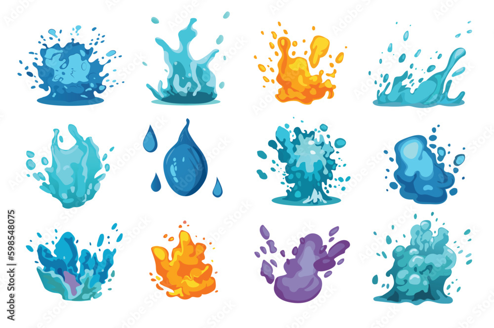Splash explosion drops set. A set of flat cartoon designs featuring ...