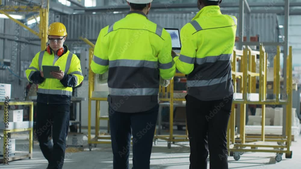 Full height construction workers are walking and discussing something ...