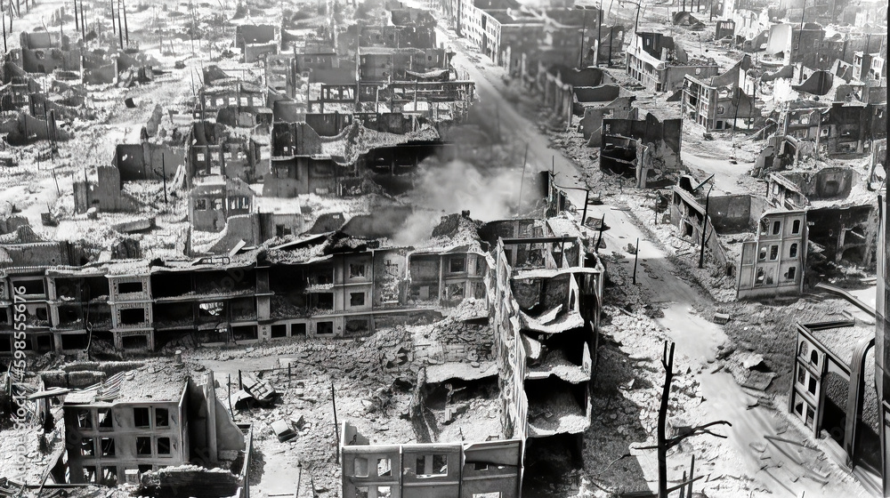 Completely destroyed houses in a big city after a massive earthquake or ...