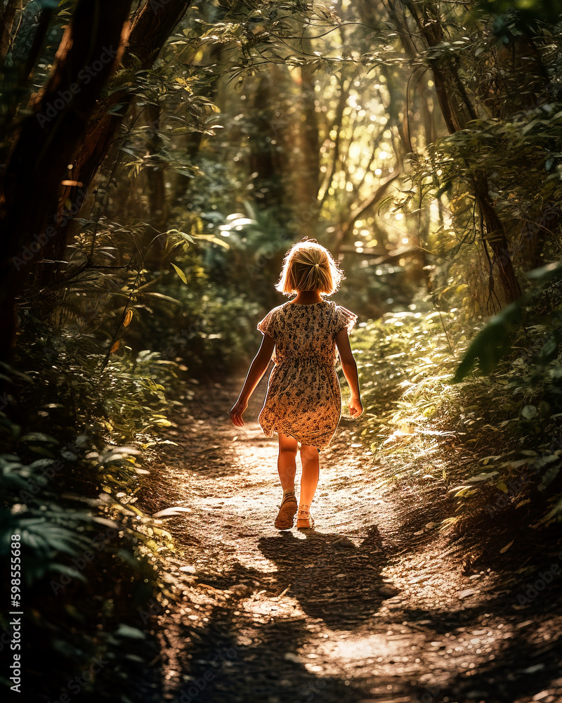 Back view of a blond curly girl with a flowered dress in the backlight ...