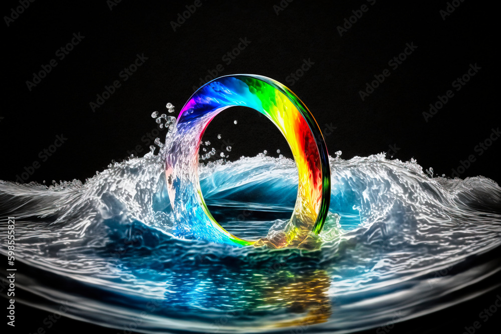 Ring of water in the colors of the rainbow foams on a moving water ...