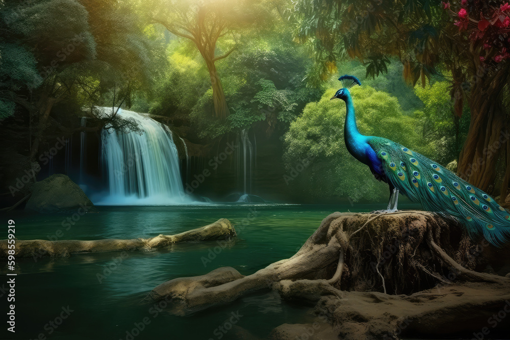 Beautiful Nature Lovely Place, Tree Park, Waterfall, Peacock bird on ...