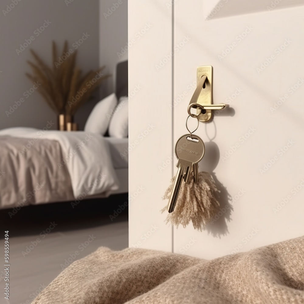 Opening door with golden house key chain on fuzzy interior background ...