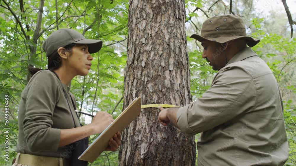Medium shot of ethnically diverse man and woman in khaki forest warden ...