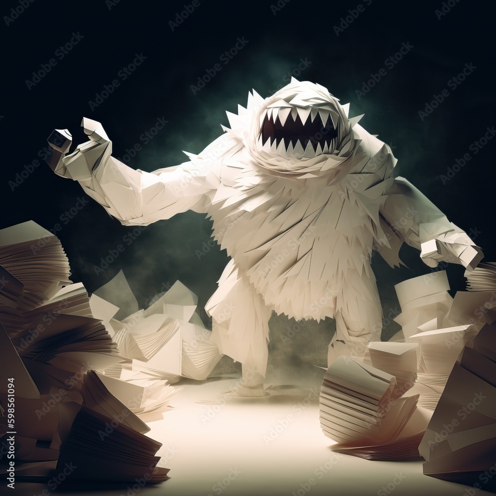 Paper monster, humorous caricature of paperwork anxiety, generative ai ...