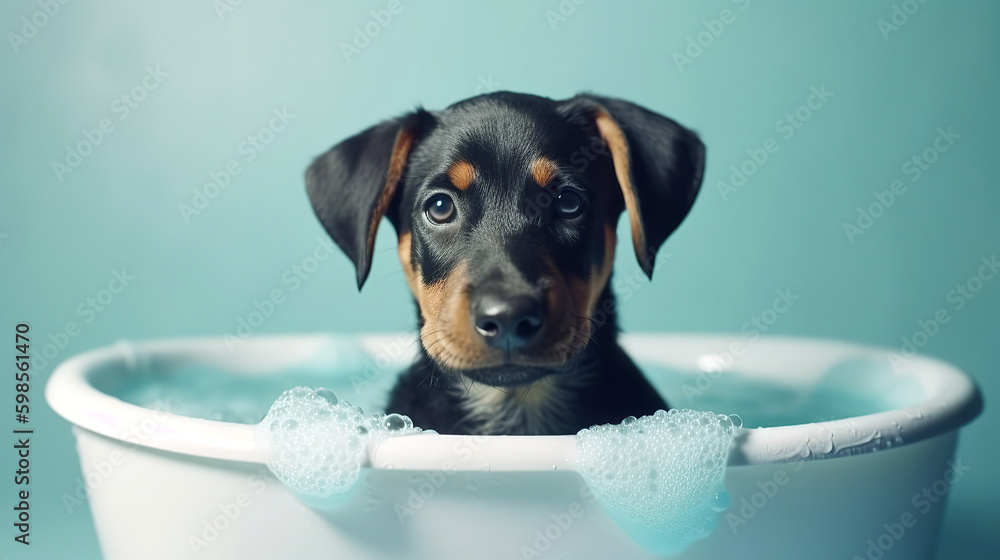 Cute puppy dog bathing in a small bathtub on turquoise flat background ...