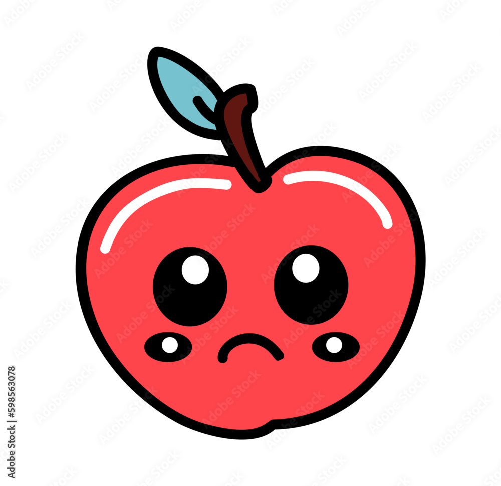 Cute kawaii red apple sad. Funny fruit with eyes and mouth in sad ...
