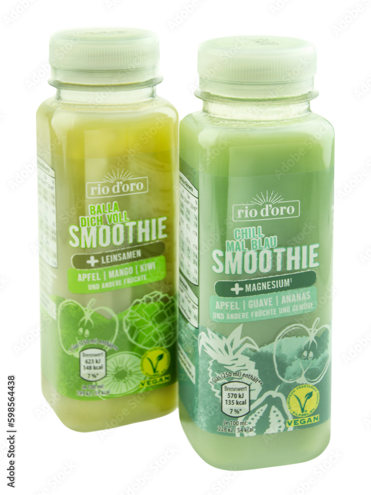 2 German bottles of green smoothies rio d'oro isolated on white ...