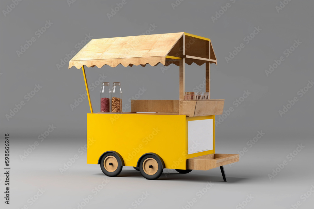 A yellow food cart mock up with a awning that says hot dogs on it. AI ...