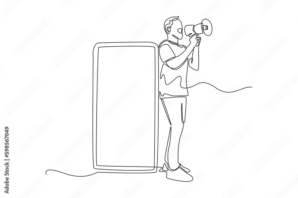 Continuous one line drawing happy boy shouting in loud speaker and ...