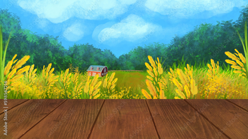 Wood tabletop and rice fields background products stand out backdrop ...