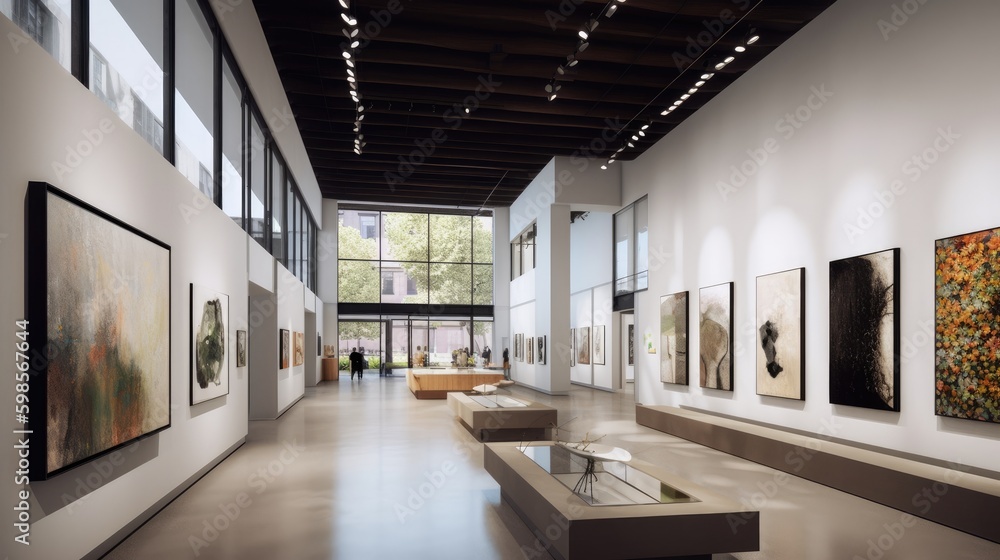 A modern and spacious art gallery with large windows, an open floor ...