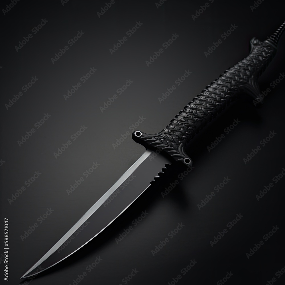 A stealthy, matte black dagger with a serrated edge on a black ...