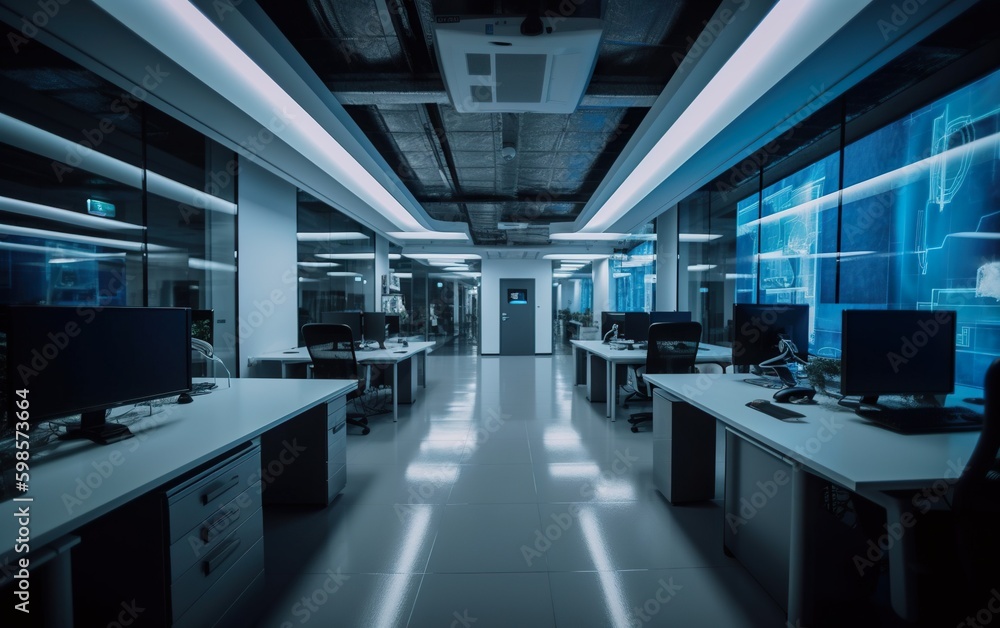An empty office with a lot of desks and computers. AI generative image ...