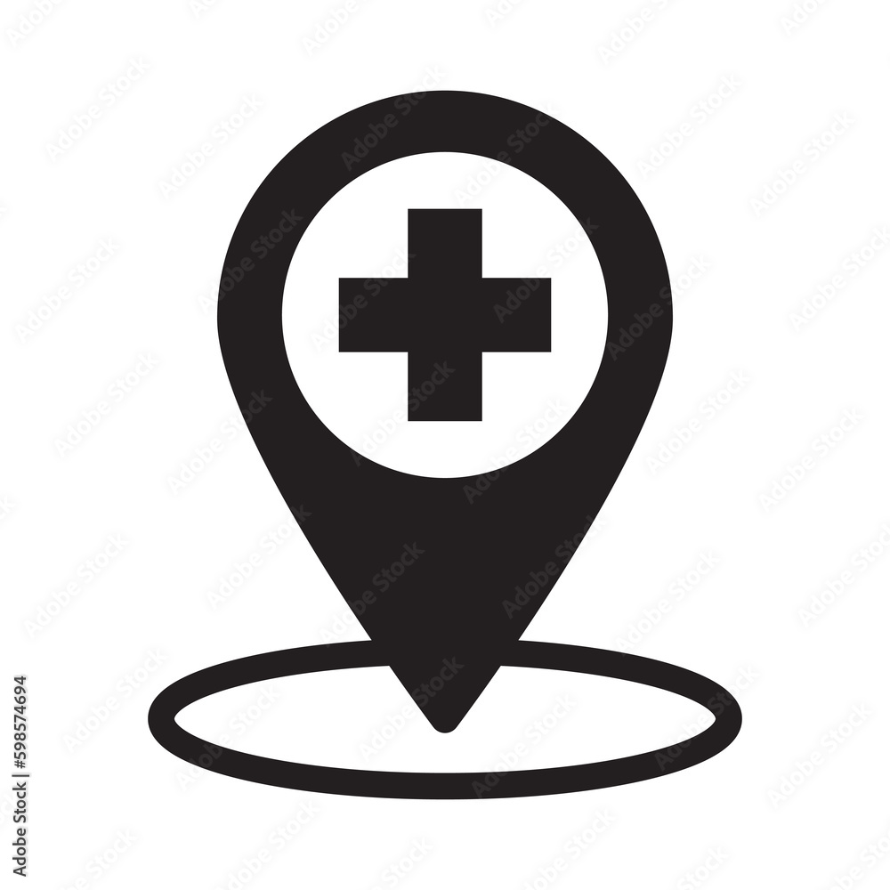 Map pointer icon with cross hospital symbol position. Pin Location Mark ...