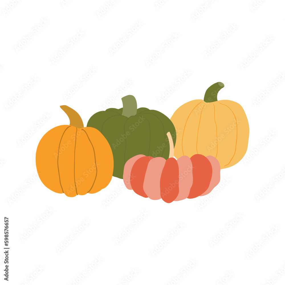 Different pumpkins hand drawn illustration. Cartoon style flat design ...