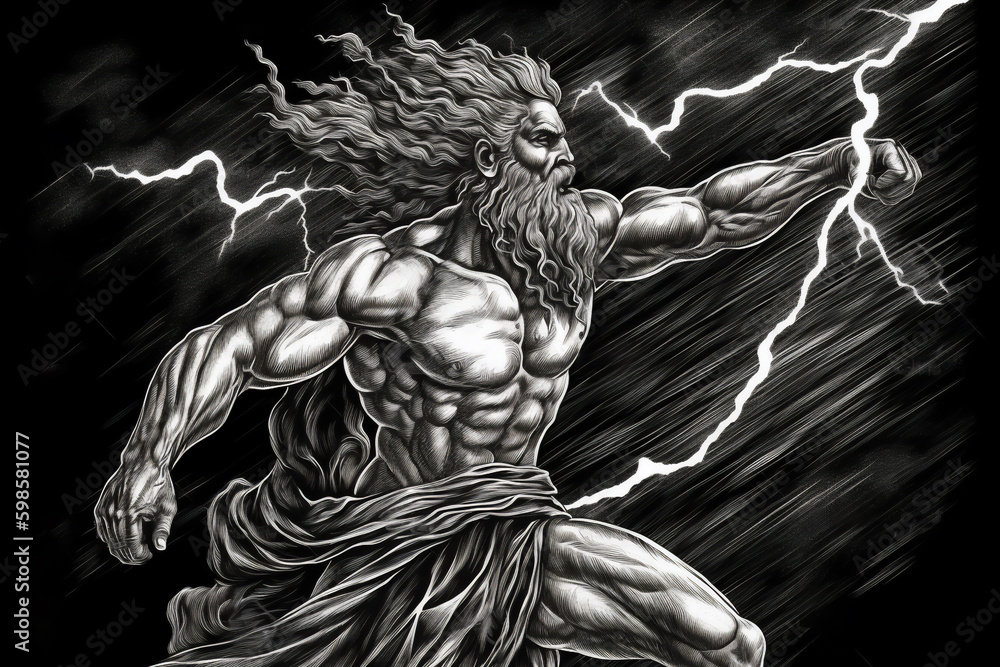 Engraved portrait of Zeus king of the gods on Mount Olympus in Greek ...