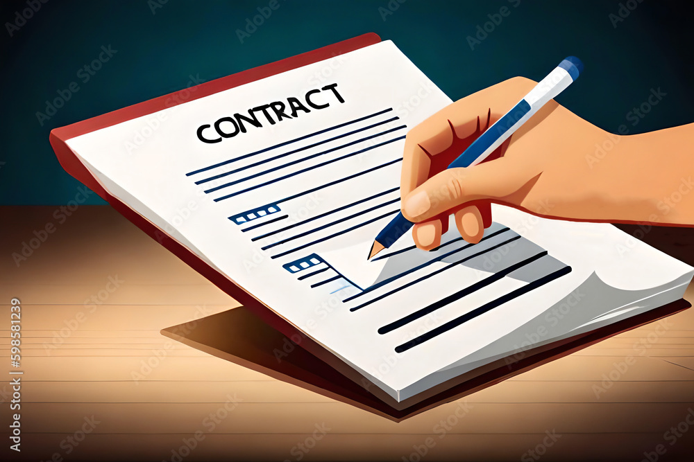 Contract having a signature written to it by a cartoon hand writing ...