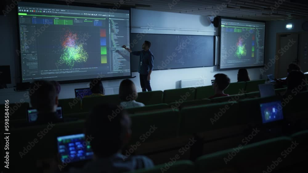 Young Male Teacher Giving a Data Science Lecture to Diverse Multiethnic ...