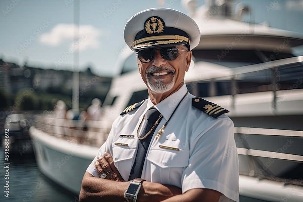 confident captain standing in front of a luxury yacht. The captain ...