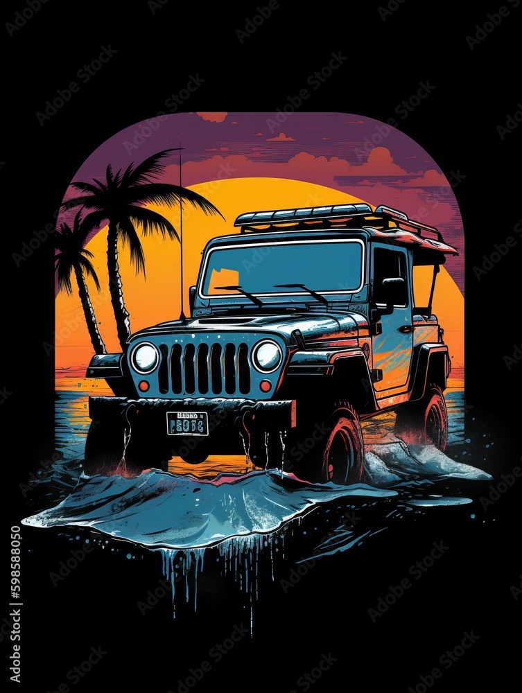 ภาพประกอบสต็อก jeep wrangler with roof rack partially in the water, at ...