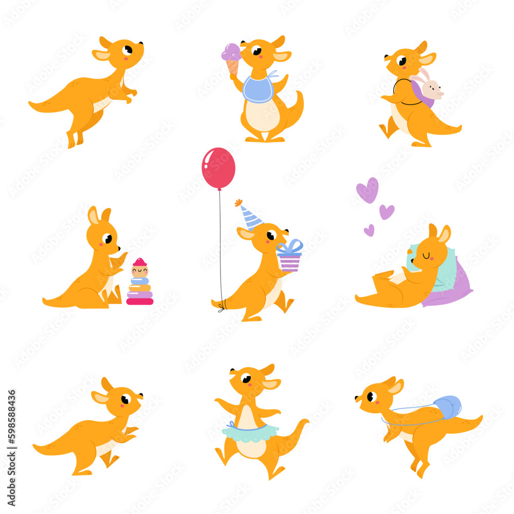 Cute Brown Baby Kangaroo Marsupial Character Sleeping and Playing Toys ...