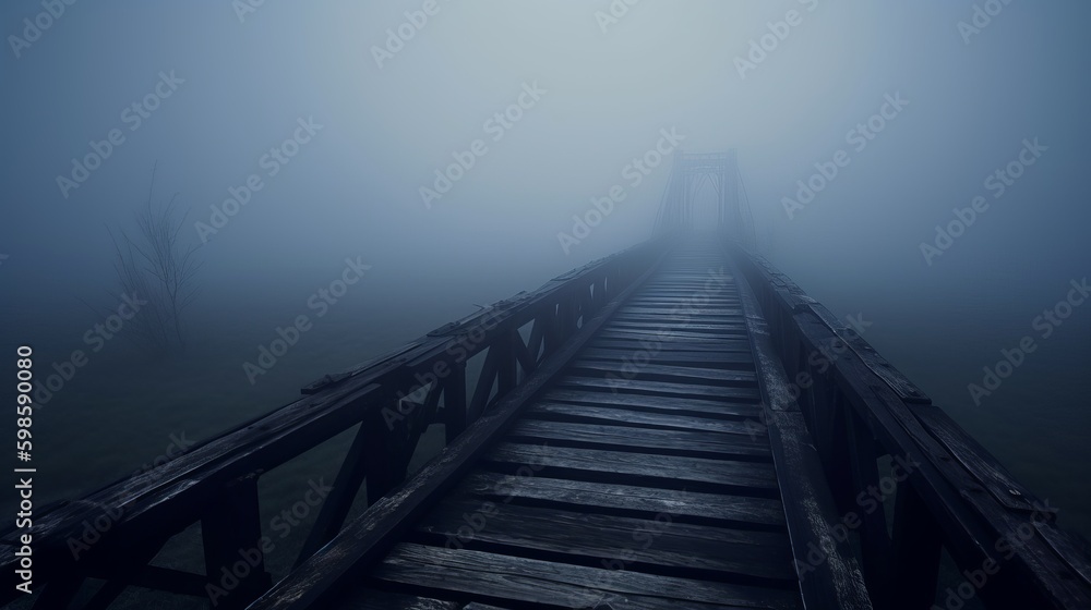 old wooden bridge leading to nowhere in the fog, broken, gloomy dark ...