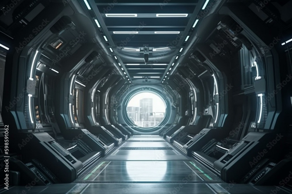 A futuristic spaceship traverses through galactic gates and corridors ...