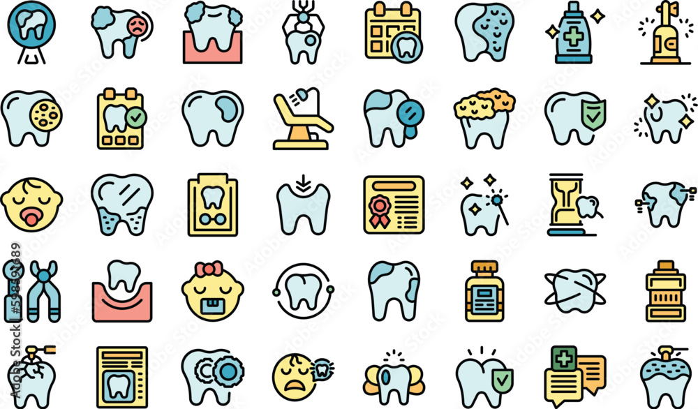 Pediatric dentistry icons set outline vector. Implant teeth. Medical ...